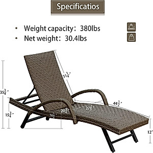 FATFISH Outdoor PE Wicker Chaise Lounge with Armrest- Set of 2 Patio Reclining Chair Furniture Set Beach Pool Adjustable Backrest Recliners Padded