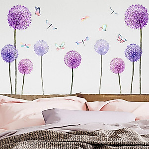 Dandelion Plant Wall Decals, Flying Violet Flowers Butterflies Dragonfly Wall Stickers, DILIBRA Removable Peel and Stick DIY Art Vinyl Mural for Classroom Kids Bedroom Bathroom Nursery Home Decor