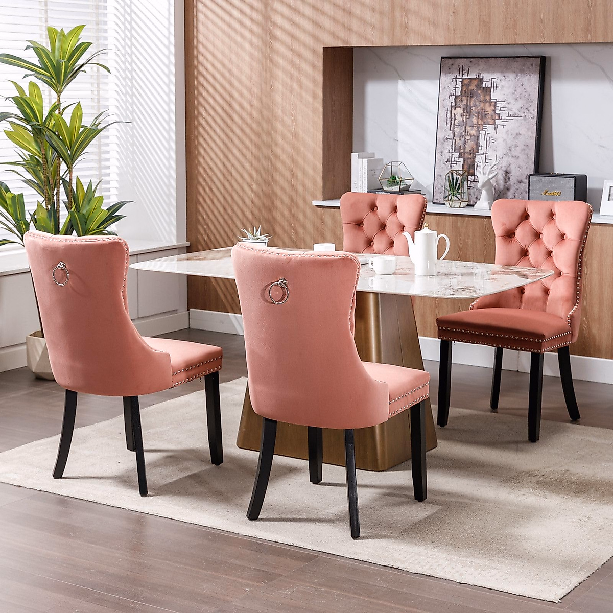 Rhomtree Contemporary Button Tufted Dining Chairs High-end Velvet Upholstered Dining Chairs with Nailhead Back and Ring Pull Trim Wood Kitchen Chairs for Dining Room (Pink 01, Set of 8)