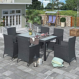 7-Piece Outdoor Wicker Dining Set - Dining Table Set for 7 - Patio Rattan Furniture Set with Beige Cushion (Black)