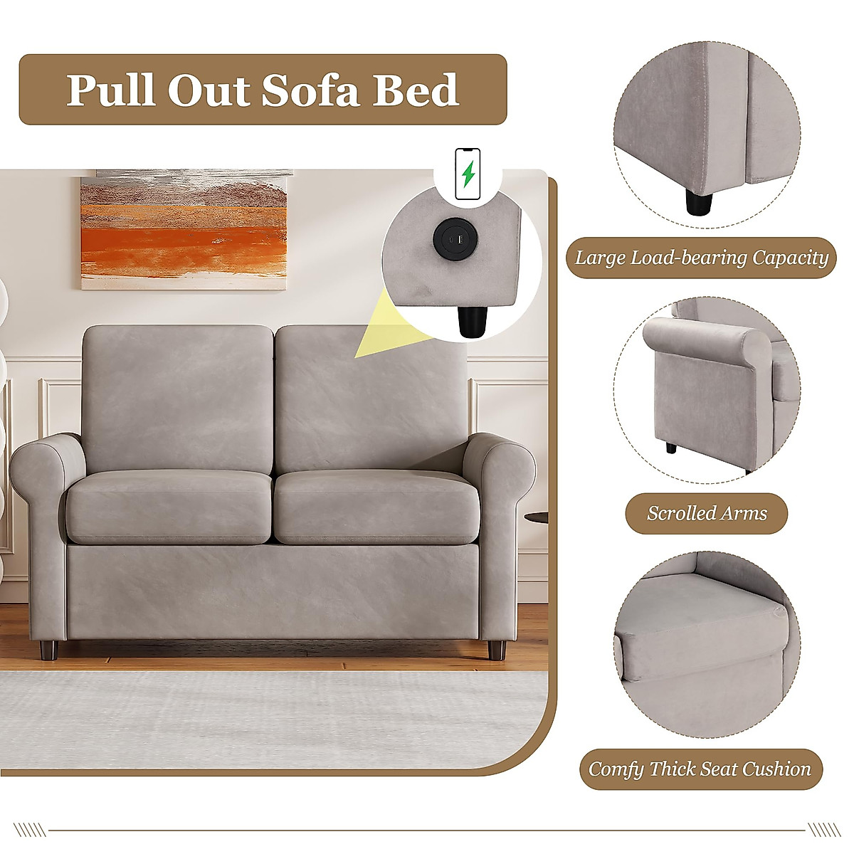 Pull Out Sofa Bed, Velvet Sleeper Sofa Couch with Memory Foam Mattress, Convertible Loveseat Sleeper Sofa for Living Room, Bedroom, RV and Small Space (Light Grey, 57.4")