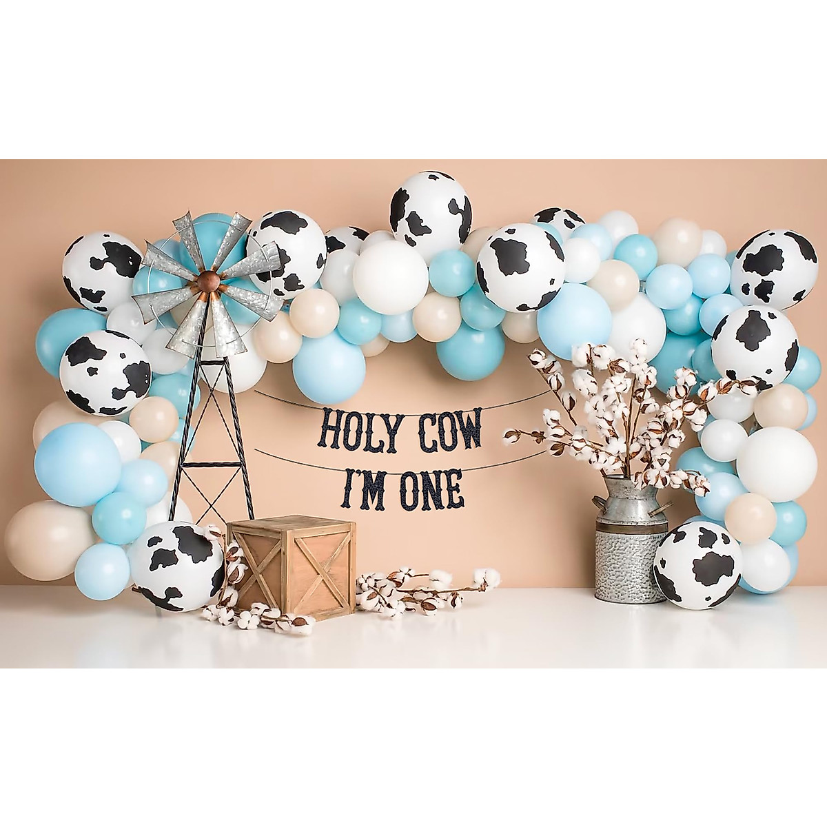 Holy Cow I'm One Banner Farm Themed 1st Birthday Party Decoration for Western Cowboy and Cowgirl First Rodeo Birthday Decorations
