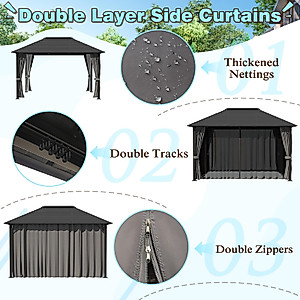 MUPATER 10x12ft Hardtop Gazebo with Sidewalls and Mesh Netting, Single Roof Patio Gazbeo, Outdoor Gazebo for Patios, Deck, Lawns, Gardens and Pools, Black