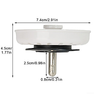 1/3 PCS Kitchen Sink Drain Strainer Replacement, Stainless Steel Kitchen Sink Basket Strainer Waste Plug White Plug Basket with Plastic Knob, Rubber Stopper Bottom(Diameter: 74mm)-1pcs