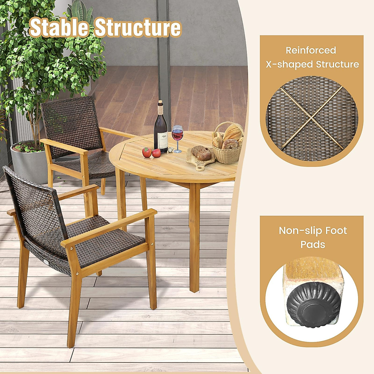 Tangkula Patio Dining Chairs Set of 4, Outdoor Acacia Wood & PE Wicker Chairs with Armrests, Outdoor Rattan Armchairs for Garden, Backyard, Poolside, Balcony (Mix Brown)