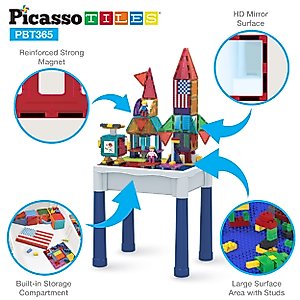 PicassoTiles 316 PCs Activity Table with Magnetic Tiles and Building Brick Blocks, Playset Table with Magnetic Action Figures & Storage Included, Can be Use as Water & Sand Tables STEM Toys Ages 3+