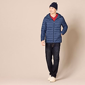 Amazon Essentials Men's Lightweight Water-Resistant Packable Hooded Puffer Jacket, Navy, Large