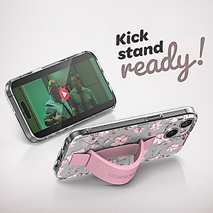 ENCASED Finger Loop Case, Designed for iPhone 15 Plus (2023) Hand Strap Clear Cover with Silicone Grip Phone Holder (Pink Flowers)