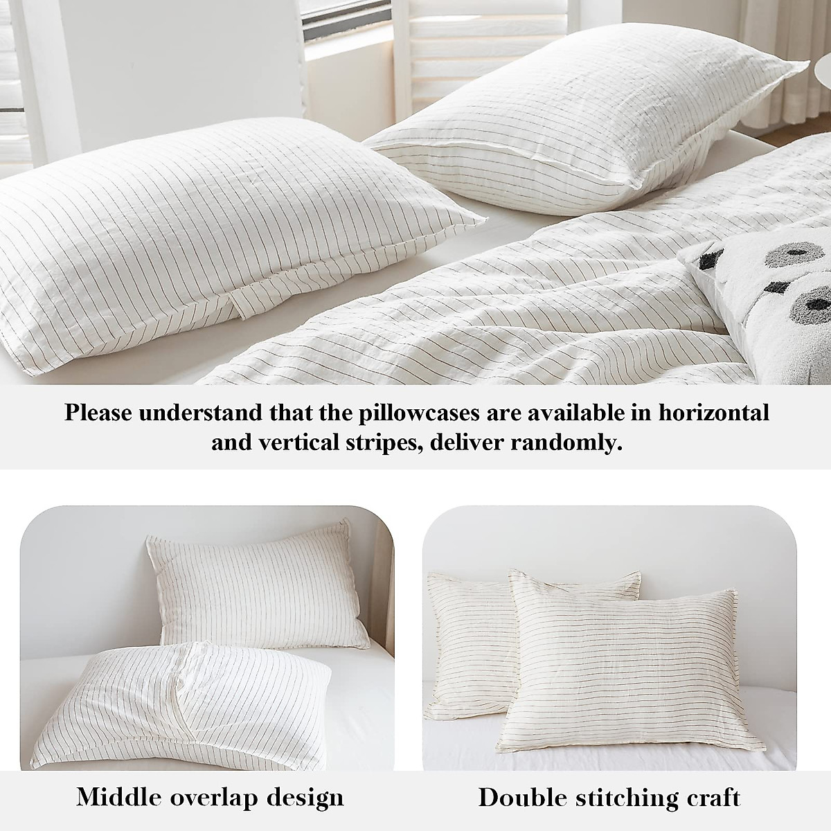 Simple&Opulence 100% Pure Linen Duvet Cover Set, 3Pcs Striped Washed Natural Flax Bedding Set with Button Closure, Soft Breathable Durable Farmhouse,1Duvet Cover and 2Pillowshams (Queen, Brown Stripe)