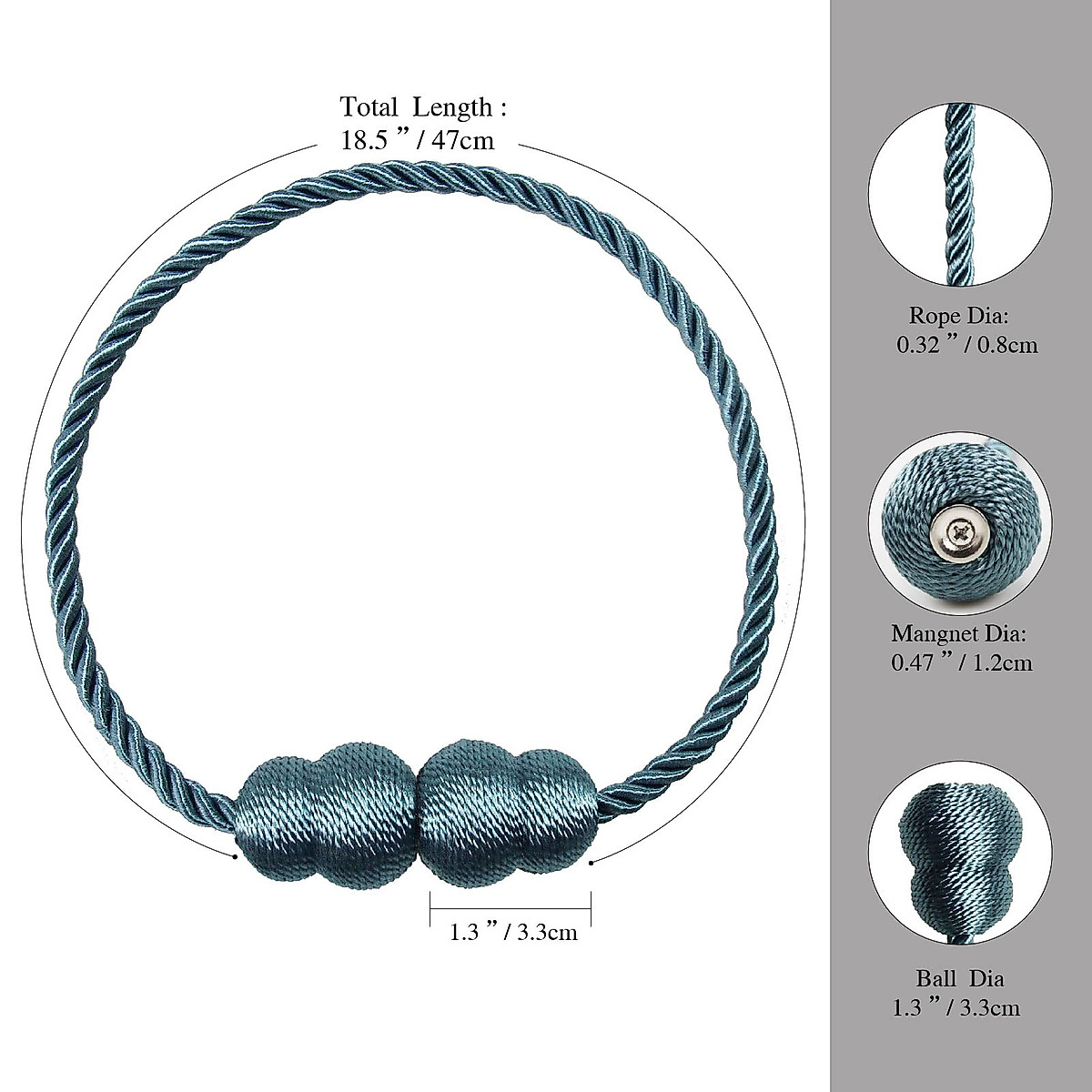 Hangtty Magnetic Curtain Tiebacks 2 Pack Rope Decorative Curtain Tie Backs Elegant Curtain Holders for Drapes Outdoor Window Treatment Holdbacks, Blue