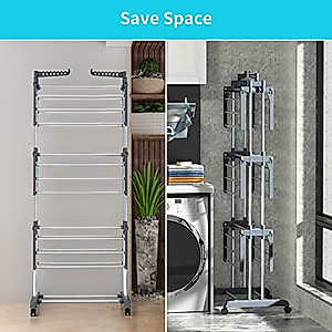 LEOSINYIN Clothes Drying Rack Folding Indoor, Drying Rack Clothing Foldable 4 Tier Laundry Racks for Drying Clothes, Stainless Steel Laundry Drying Rack with 4 Wheels (Gray)