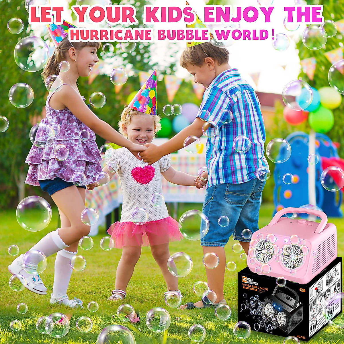 WELL WITHYOU Bubble Machine, Upgraded Durable Bubble Blower | 18000+ Big Bubbles Per Minute for Kids Toddler, with 2 Speed, Plug-in or Battery Powered, for Indoor Outdoor Birthday Parties, Pink