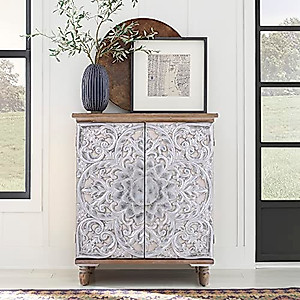 Sophia & William Accent Storage Cabinet with 2 Doors, Distressed Decorative Cabinet Storage Organizer with Wood Frame and Silver Embossed Pattern for Entryway Hallway Lvinig Room