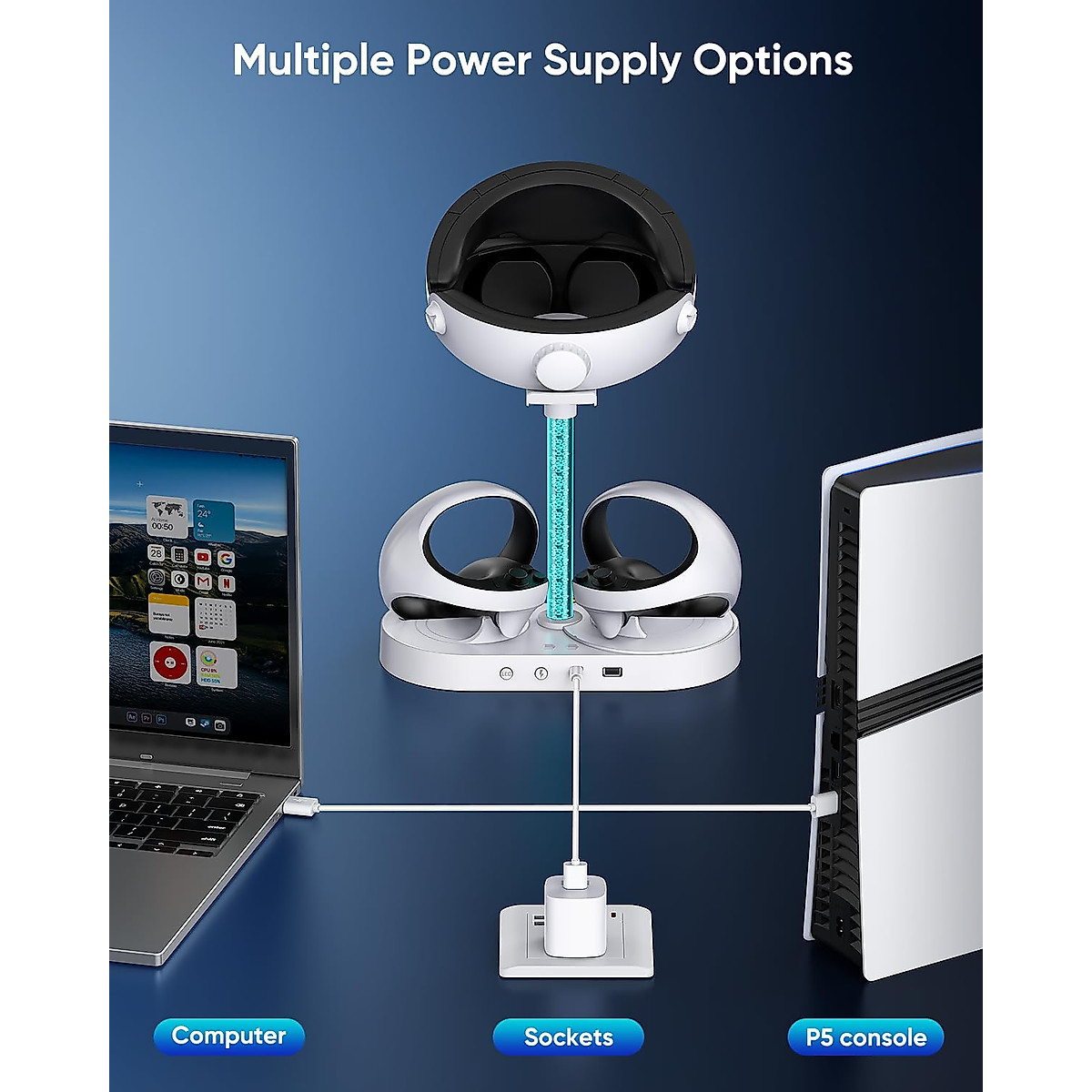 FASTSNAIL Charging Stand for PlayStation VR2, Multifunction Vertical PS VR2 Headset & Sense Controllers Charge Dock Station with 10 RGB Light Modes of Memory, for PS5 VR2 PSP Games Accessories