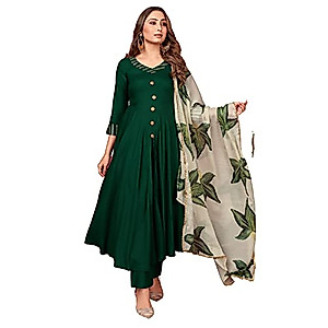 Indian Kurti for Womens With Pant & Dupatta | Rayon Foil Printed Long Kurta Partywear Kurtis For Women Tunic Tops Dark Green
