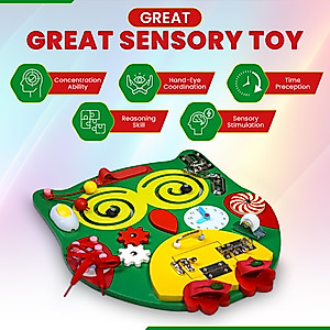 SENSORY4U Owl Sensory Wooden Activity Busy Board - Wood Montessori Experience - Quiet Play Latches Tying Spinning Buttoning