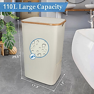 Ranslen Laundry Basket with Lid, 110L XXL Laundry Hamper Collapsible Dirty Clothes Hamper with Bamboo Handles Removable Bag Tall Waterproof Laundry Hampers for Laundry Room Bedroom Beige