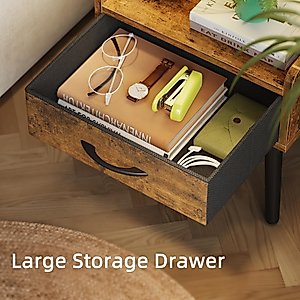 GYIIYUO Night Stand with Charging Station, Cute Bedside Table with Led Lights and Fabric Drawer, Unique Shape NightStand with Open Storage, Small End Table for Bedroom, Rustic Brown