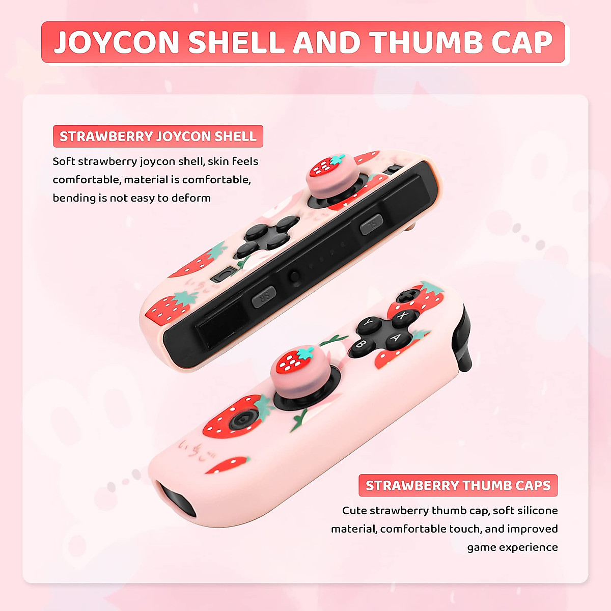 RHOTALL Cute Carrying Case for Nintendo Switch & Switch OLED Cover, Hard Portable Travel Case for Switch Accessories with Game Case, 2 Joy Con Shell, Shoulder Strap, and 2 Thumb Caps - Pink Strawberry