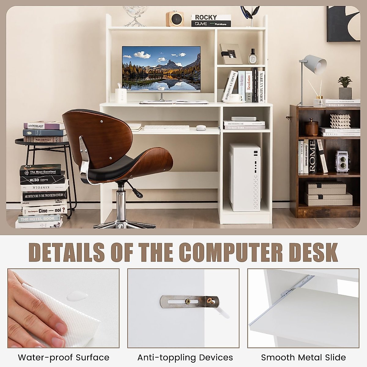 COSTWAY White Computer Desk with Storage Shelf, Wooden Writing Desk with Hutch, Office Desk with CPU Stand & Keyboard Tray, Home PC Desk with Bookshelf, for Bedroom, Study, Living Room