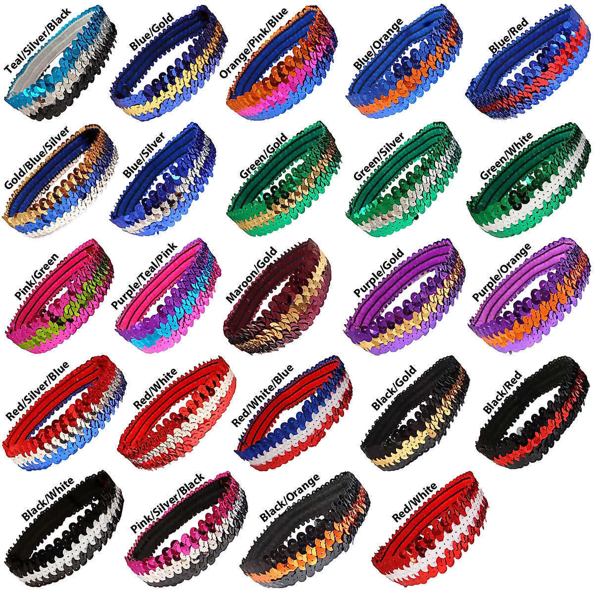 12 Sequin Headbands U PICK (Available in LOTS of COLORS) Elastic Stretch Sparkly Fashion Headband for Teens Girls Women Softball Pack Volleyball Basketball Dance Set Sports Teams Store By Kenz