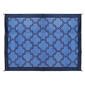 Camco 42876 6 x 9 Foot Reversible Blue Lattice Design Breathable Washable Portable Outdoor UV Coated Patio Mat Pad for Picnics, Camping, RV, Tiny Home