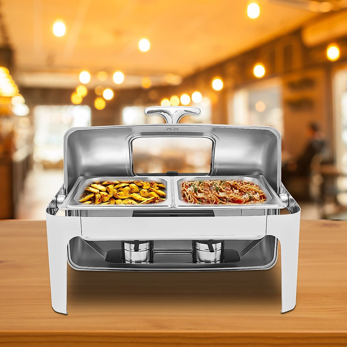14.26Qt Stainless Steel Chafing Dish Buffet Set with Visible Roll Top Chafing Dishes Buffet Set Retangle with Rolling Top 2 Detachable Food Pans Catering Food Warmer for Hotels Party Wedding