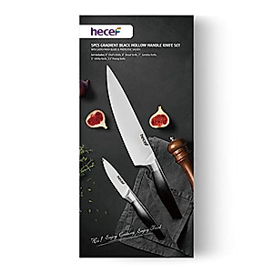 hecef Gradient Black Kitchen Knife Set of 5, Chef Knife Set with Satin Finished Blade & Hollow Handle & Protective Sheaths, Includes Chef, Santoku, Bread, Utility & Paring Knife