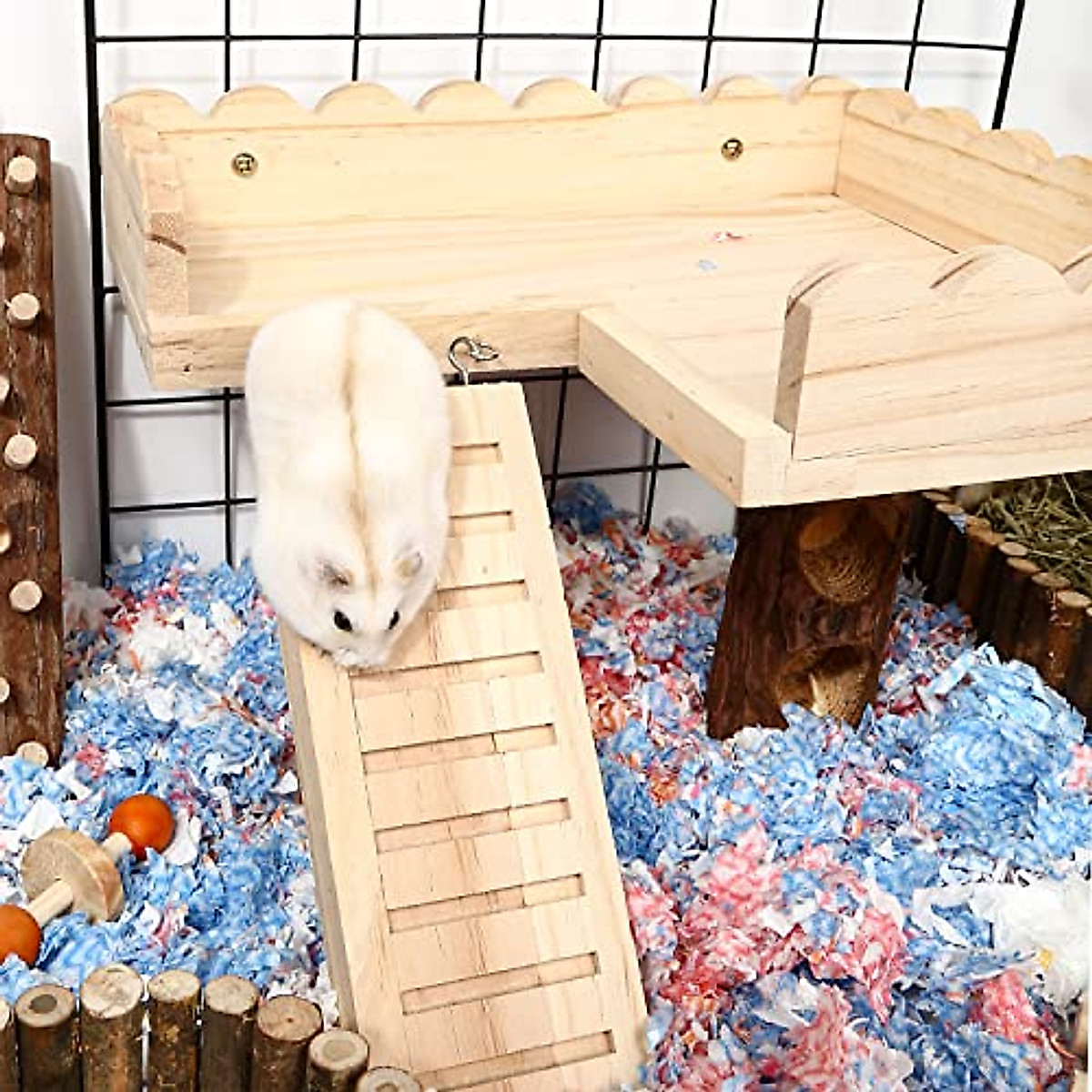 antiai Wooden Hamster Toys Guinea Pig Platform with Climbing Ladder,Hamster Wood Desk Stand Habitat Decor,Chinchilla Rat Squirrel Rabbit Guinea Pig Small Animal Cage Accessories(Large)