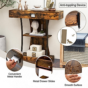 KOTEK Console Table with Storage Drawer & Shelves, 3-Tier Narrow Sofa Table, Behind Couch Table, Modern Foyer Table, Small Entryway Table for Living Room, Hallway (Rustic Brown)