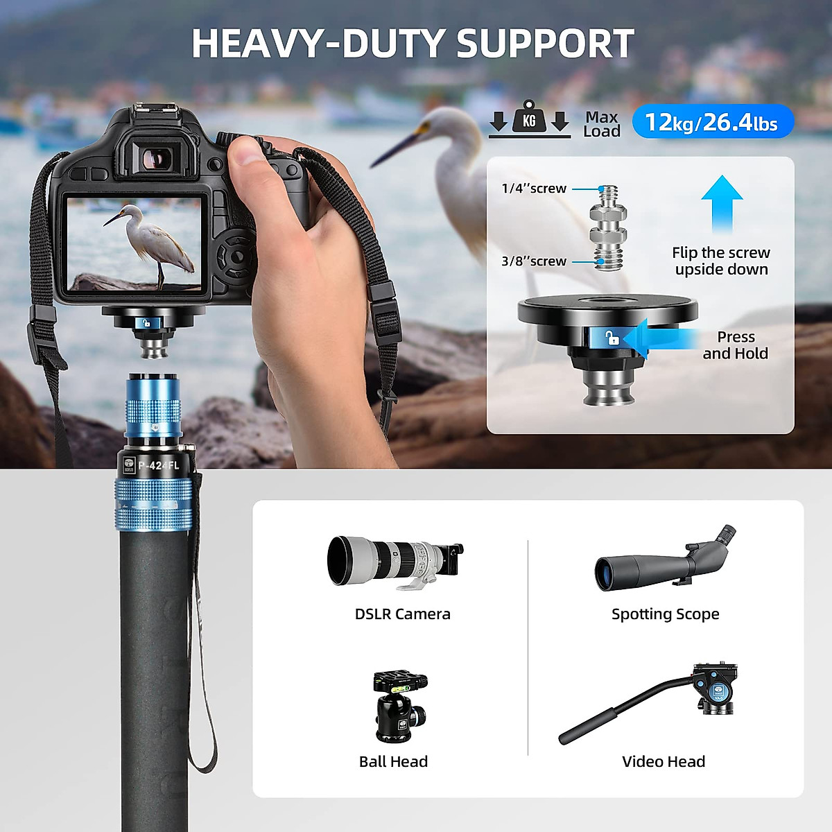 SIRUI P-424FL Monopod for Cameras, 75" Carbon Fiber Monopod with Feet, Portable Lightweight Monopod, Max Load 26lbs/12kg, 4 Sections, 360° Panorama, Modular 3 in 1, Quick Release Plate
