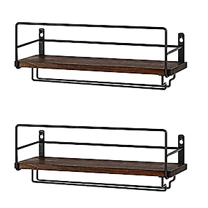 SODUKU Wall Mounted Wine Rack Wood Rustic Wine Bottle Glass Floating Shelves with Stemware Hanger Modern Wine Display Storage Holder for Kitchen Dining Room Bar Wall Décor Sef of 2