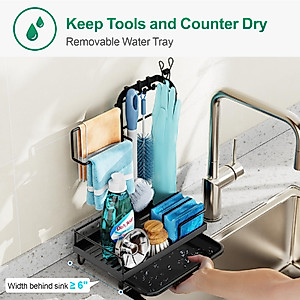 GSlife Sink Caddy Kitchen Sink Organizer - Large Sponge Holder for Kitchen Countertop with Hooks for Dish Brush Gloves, Dish Cloth Hanger, Rustproof Kitchen Caddy with Drip Tray, Black