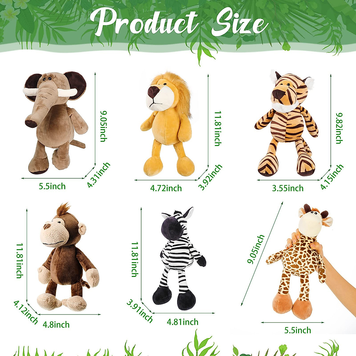 12 Pieces Safari Stuffed Animals 11.8 Inch Jungle Animal Toys Set Boys Girls Plush Forest Animals Lion Elephant Zebra Giraffe Tiger Monkey for Zoo Animal Party Teacher Student Award (Cute Style)