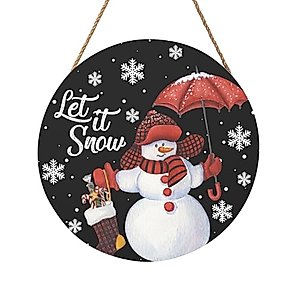 Let It Snow Snowman Door Sign For Front Door Decor,Winter Welcome Rustic Snowflakes Black Wooden Sign 12"x 12" Round Wood Hanging Door Sign Decoration for Winter Day Wall Rustic Farmhouse Porch Decor