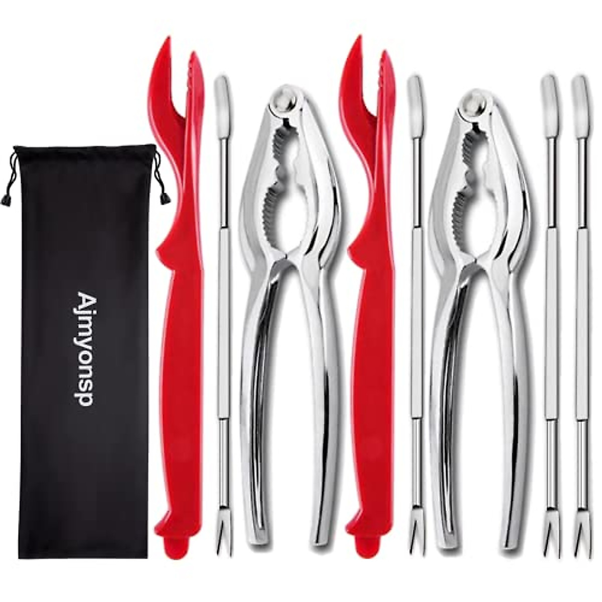 Ajmyonsp 8Pack Seafood Tools Set Crab Crackers Nut Cracker and Picks - 4 Crab Leg Forks 2 Stainless Steel Lobster Crackers 2 Shellfish Sheller Knife & Dishwasher Safe
