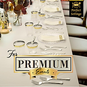 Perfect Settings 100 Premium Hard Plastic Cups Clear Plastic Double Colored Rimmed Cups Fancy Disposable Wedding Cups Elegant Party Cups with Twin Colored Rim (Clear Gold Rim, 16)