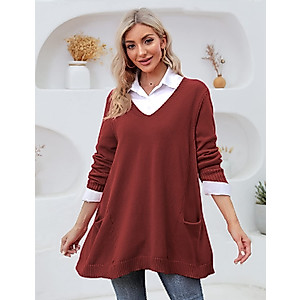 YESNO Women's Sweater with Swing Hem Oversized 2022 Long Sleeve V Neck Knit Pullover Tops Tunic Sweaters with Drop Pockets L WM9TYP1 Rust