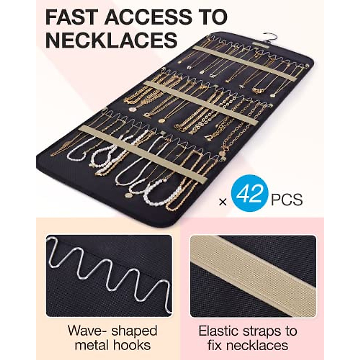 BAGSMART Hanging Jewelry Organizer Storage Roll with Hanger Metal Hooks Double-Sided Jewelry Holder for Earrings, Necklaces, Rings on Closet, Wall, Door, 1 piece, Large, Black