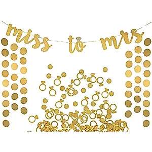 Miss to Mrs Banner, Garland & Confetti Set - Bachelorette, Engagement or Wedding Party Decorations - Sparkly Rose Gold Banner, Circle Garland & Super Fun Diamond Ring & Circle Confetti (Gold)