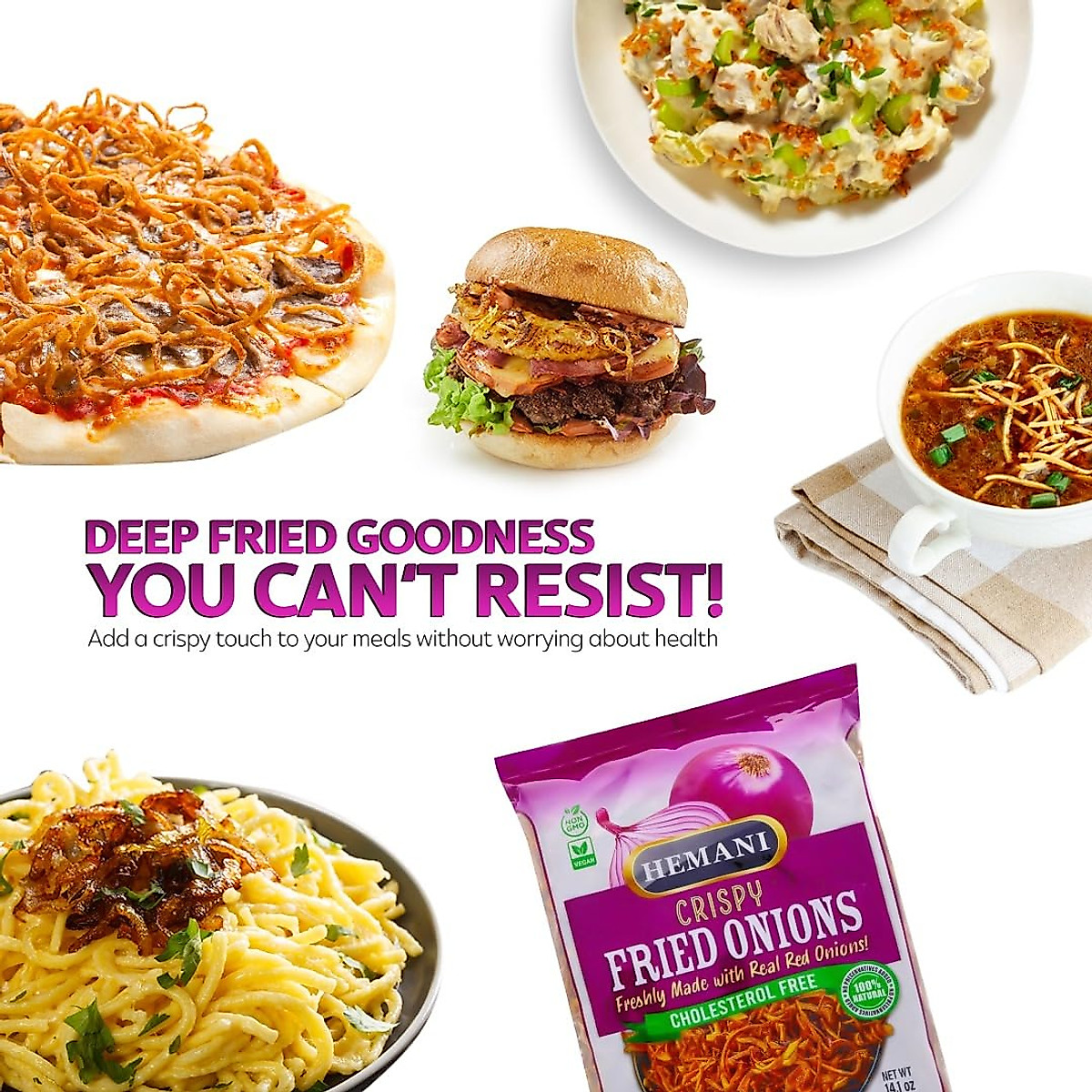 HEMANI Crispy Red Fried Onions 14.1 OZ (400g) - MSG Free French Fried Onions - Made with Real Red Onions - Perfect Crispy Onions for Cooking and Salad Topping