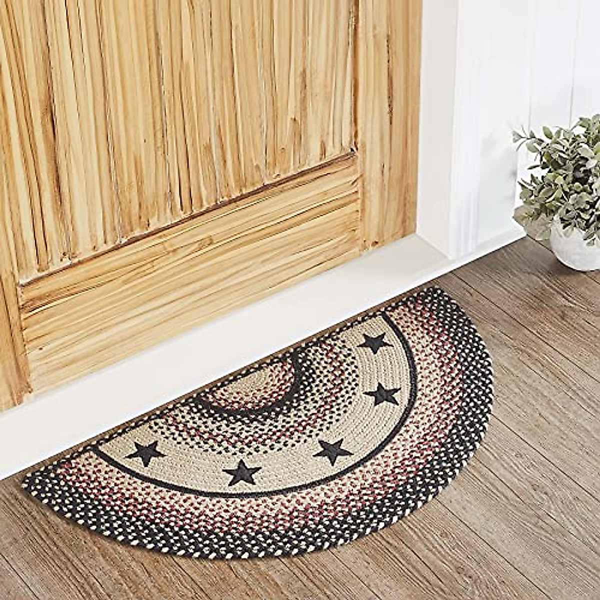 VHC Brands Colonial Star Accent Rug with PVC Pad, Jute Blend, Half Circle, Tan Black Red Star, 16.5x33