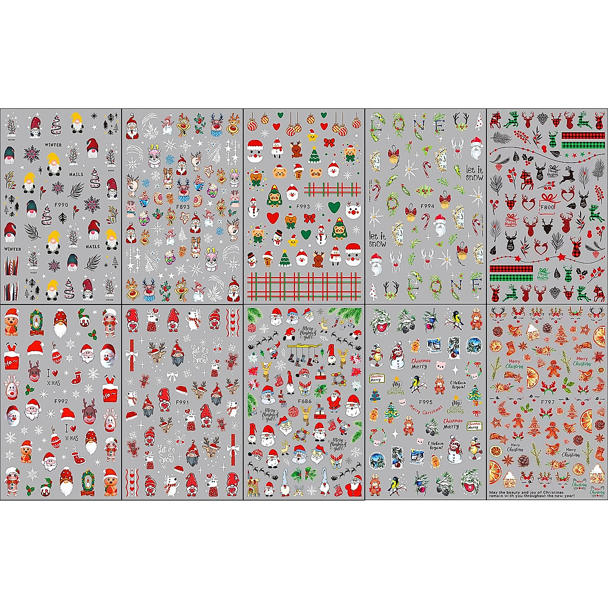 JMEOWIO 10 Sheets Christmas Nail Art Stickers Decals Self-Adhesive Pegatinas Uñas Snowflake Xmas Winter Holiday Cute Nail Supplies Nail Art Design Decoration Accessories