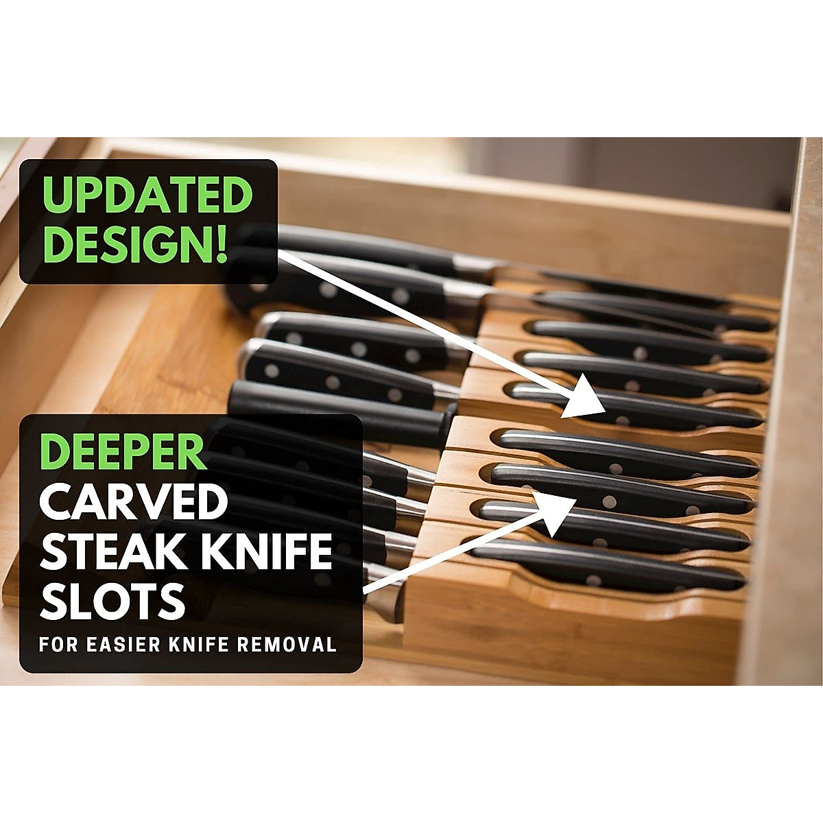 In-Drawer Bamboo Knife Block Holds 16 Knives (Not Included) Without Pointing Up PLUS a Slot for your Knife Sharpener! Noble Home & Chef Knife Organizer Made from Quality Moso Bamboo