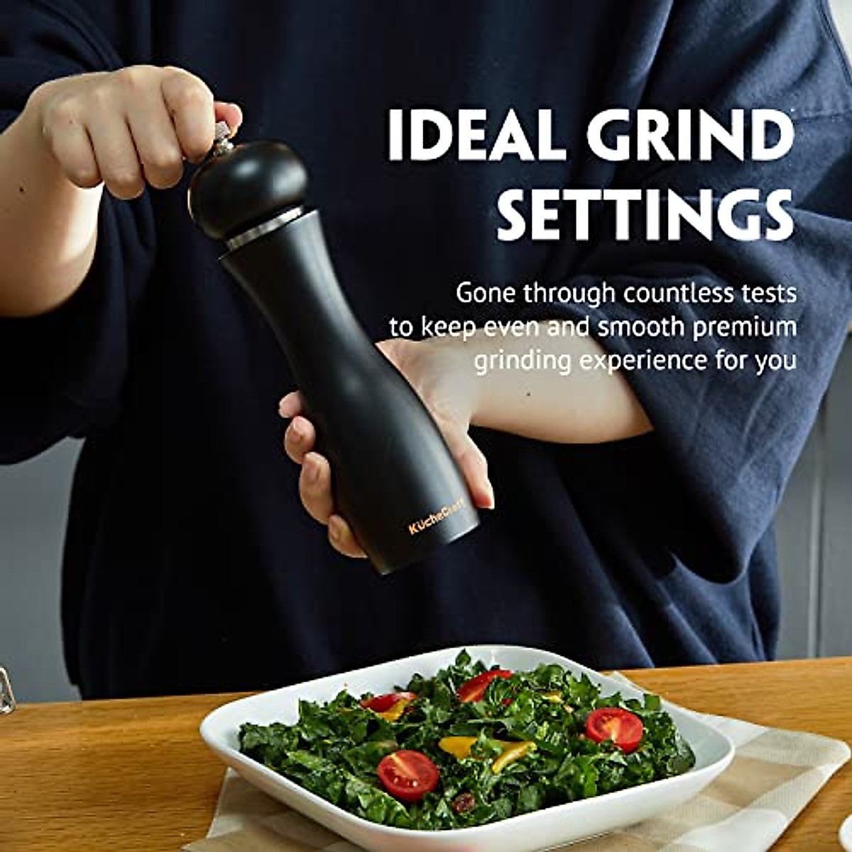 KucheCraft Wooden Pepper Grinder Refillable - Premium Beech Wood Pepper Mill Grinder with Adjustable Ceramic Grinder - 8 In Manual Matte Black Peppermill