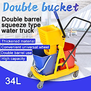 Mop Bucket, Double Bucket Cleaning Bucket, Commercial mop Bucket and Side Pressure Wring Combination with Wheels for Free Movement, 34L Large Capacity Cleaning Cart, for Home and Commercial (Yellow)