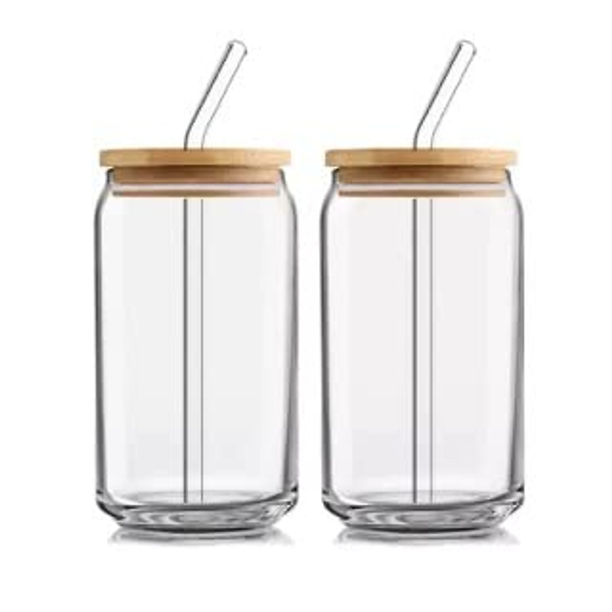 Can Shaped Drinking Glass With Bamboo Lids and Straw, 16 Oz, 4 pcs Set, Beer Can Shaped Glass Cups,Reusable Glass for Water, Wine, Juice, for Cocktail, Soda, Tea, Whiskey