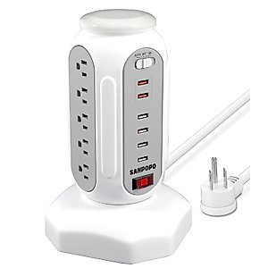 Power Strip Tower Surge Protector with RBG Light, SANPOPO Desktop Charging Tower, 15 Outlets 6 USB Ports, 900Joules 6.5 ft Retractable Cord,Multiple Protections for Home Office Dorm Room (1875W/10A)