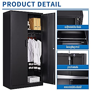 BYNSOE Metal Storage Locker Cabinet,Metal Locker 72” Black Tall Steel Wardrobe,Employees Locker with Hanging Rod,Shelves and Lockable Doors for Home, School, Office - Assembly Required (Black-Style 3)