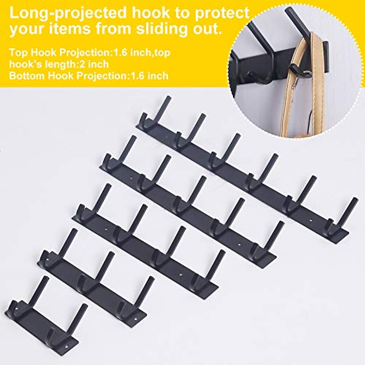 WEBI Coat Rack Wall Mounted,17-1/8 Inch Coat Hooks for Hanging Coats,Heavy Duty Metal Hook Rack Rail with 6 Double Dual Hooks Coat Hanger Wall Mount for Purse Clothes Jacket Backpack Entryway,Black